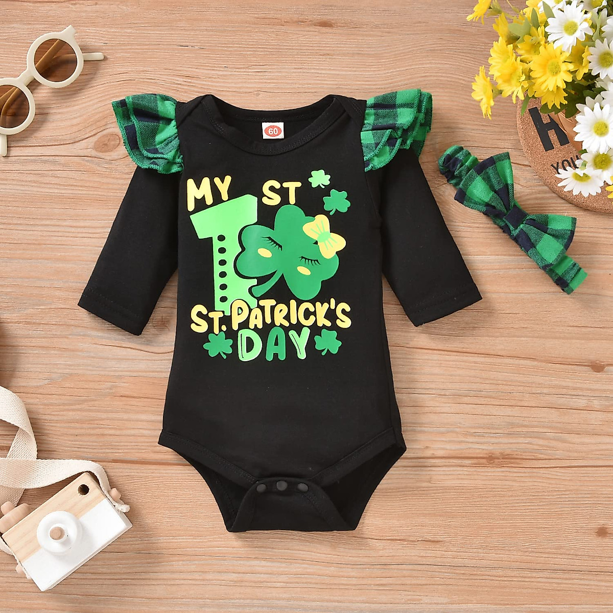 Aalizzwell Baby Girl St. Patricks Day Outfit, Infant Girls St Paddys Day Bodysuit Pants Shamrock Clover Clothes 6-12 Months Black