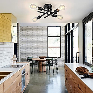 SunRider Industrial 4-Light Semi Flush Mount Ceiling Light Fixture, Modern Farmhouse Lighting Matte Black, Rustic Sputnik Chandelier Ceiling Lamp for Kitchen Bedroom Living Room, Bulbs Not Included