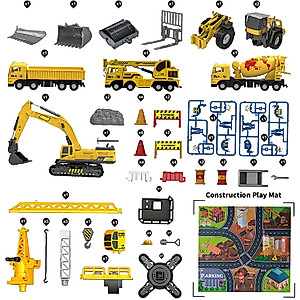 PANITU Construction Truck Toy Set with Game Mat and Storage Bucket, Kids Engineering Cargo Transport Vehicles Site Playset, Tractor, Crane, Dump Trucks, Excavator, Gift for 3 + Toddlers Boys Children