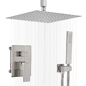 JingGang 12 Inch Ceiling Mount Brushed Nickel Shower System Bathroom Luxury Rain Mixer Shower Combo Set Ceiling Rainfall Shower Head System (Contain Shower Faucet Rough-in Valve Body and Trim)