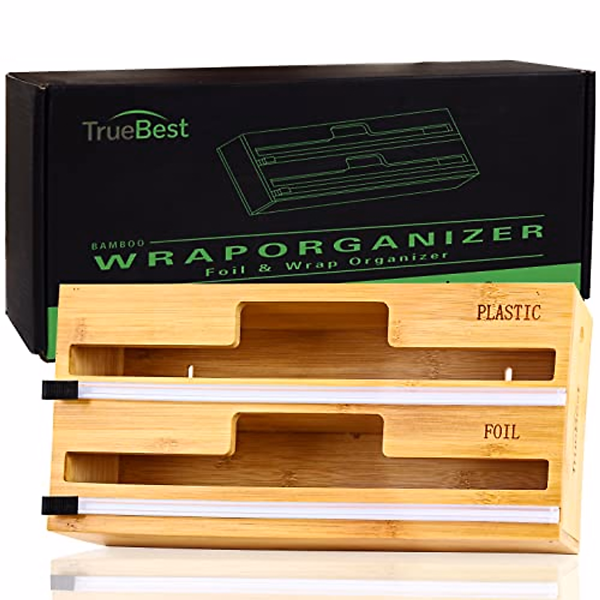 TrueBest 2 in 1 Foil and Wrap Organizer with Cutter and Labels, Compatible with 12" Roll Wrap neat Aluminum Foil and Wax Bamboo Dispenser for Kitchen drawer with 2 Slots, Mounting Screws.