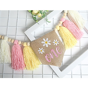 HGFC Daisy Tassel High Chair Banner - Wood Bead Tassel 1st Birthday Banner - Daisy Theme First Birthday Party Decoration - 1st Birthday Baby Girls Tassel Garland