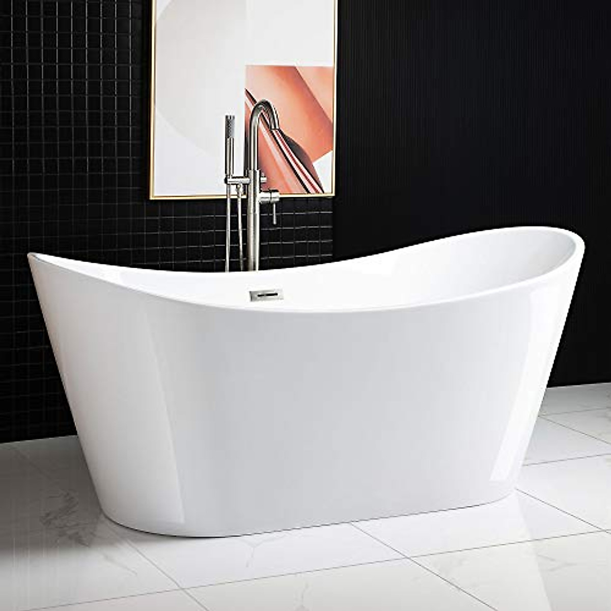 WOODBRIDGE 67" Acrylic Freestanding Bathtub Contemporary Soaking White Tub with Brushed Nickel Overflow and Drain，B-0010