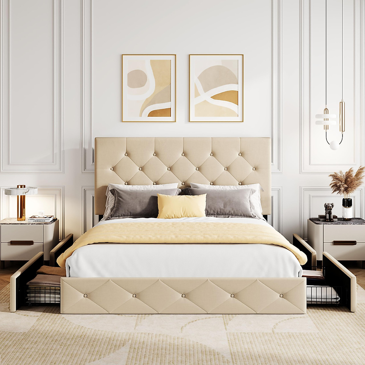 SHA CERLIN Upholstered Full Size Platform Storage Bed Frame with 4 Drawers, Adjustable Headboard with Diamond Button Tufted Design, Wooden Slat Support, No Box Spring Needed, Beige