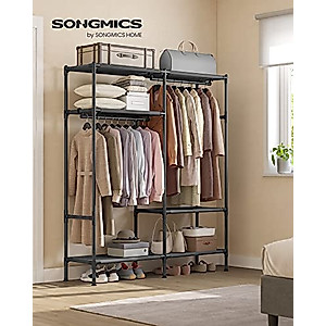 SONGMICS Garment Rack Heavy Duty Clothes Rack, 65 Inch Freestanding Portable Wardrobe Closet with Hanging Rails and Shelves, Total Load 242 lb, Easy Assembly, for Cloakroom, Bedroom, Black URDR201B02