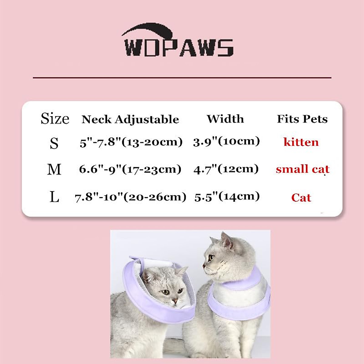 WDPAWS Cat Recovery Protective Cone Collar After Surgery-Soft Adjustable Waterproof Lightweight Elizabethan Collar to Prevent Cats from Touching Stitches, Wounds and Rashes(M Pink)