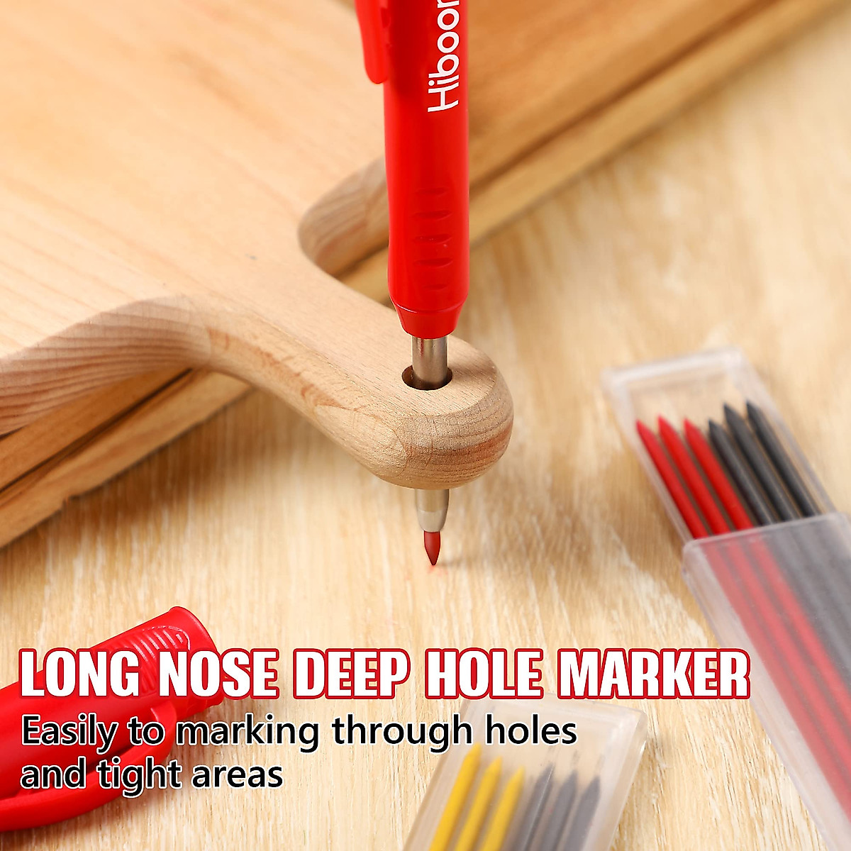 Hiboom 3 Pack Solid Carpenter Pencils with Carpenter Pencil Cap and 27 Refills, Deep Hole Mechanical Scriber Marking Tools with Built in Sharpener for Construction Woodworking Architect