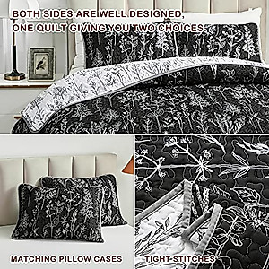Joyreap 3 Pieces Quilt Set Full/Queen, Black n White Reversible Botanical Design, Smooth Soft Microfiber Quilt, Bedspread Bed Cover for All Season, 1 Quilt and 2 Pillow Shams- 90x90 inches