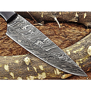 8.5 Inches long custom made Damascus steel hand forged Paring Knife, kitchen knife 4" full tang blade, Natural Buffalo Horn scale inserting hole (Black)