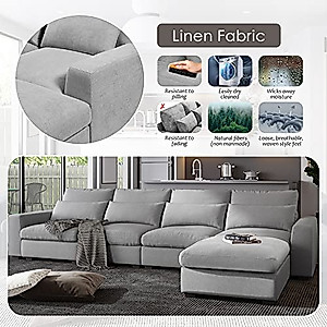 130" L-Shaped Convertible Deep Seat Feather Filled Modular Sectional Sofa with Reversible Chaise/Movable Ottoman&4 Waist Pillows,Comfy Upholstered Corner Couch,5-Seat Oversized Sofá for Living Room