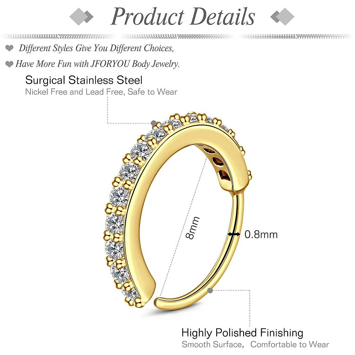 JFORYOU Nose Rings Hoop 20G Nose Rings Studs Surgical Steel L Shape Nose Studs for Women CZ Heart Moon Butterfly Snake Gold Tone Nose Piercings Jewelry