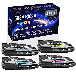4-Pack (BK+C+Y+M) Compatible 3700DTN 3500DN 3500DTN 3550N 3700DN Laser Printer Toner Cartridge (High Capacity) Replacement for HP 308A 309A (Q2670A Q2671A Q2672A Q2673A) Printer Toner Cartridge