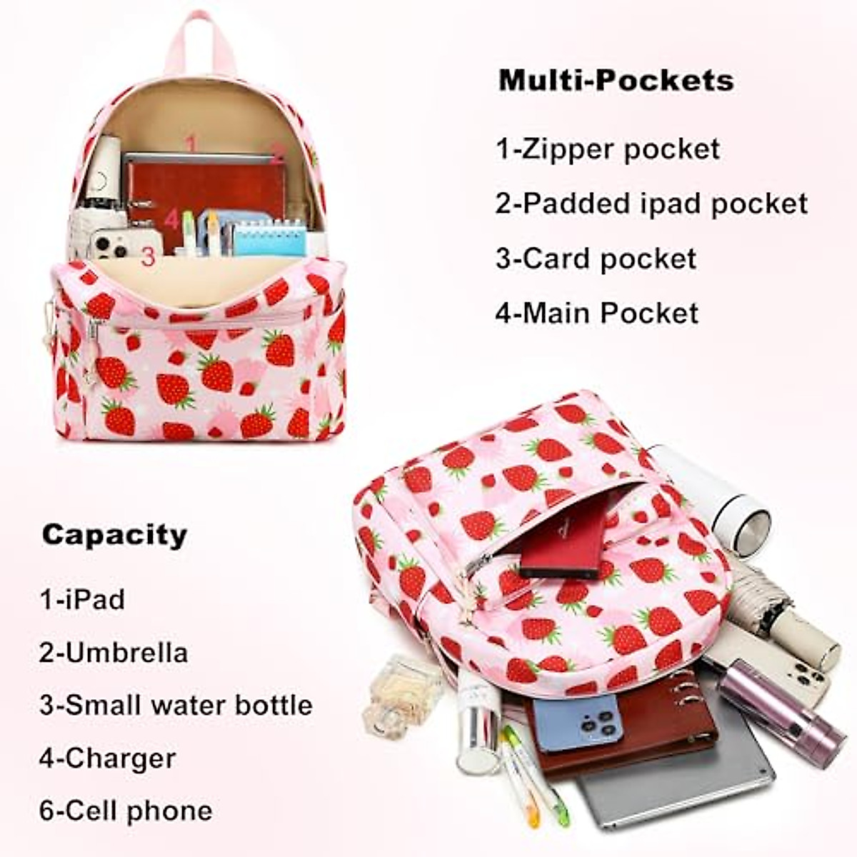 Women Girls Mini Backpack Teens Cute Small Backpack Purse Casual Travel School Bag (Strawberry)