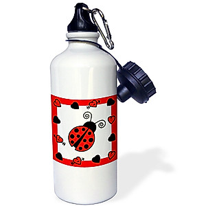 3dRose Love Bugs Red Ladybug with Hearts - Sports Water Bottle, 21 oz, White