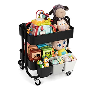 2-Tier Rolling Cart with Wheels, G-Hemobel Metal Utility Cart with 3 Hanging Cups and 2 Lockable Wheels, Organizer Cart with Multi-Functional Storage, Black