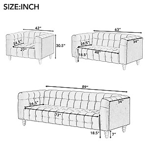 3-Piece Sofa Sets Living Room Sets with Solid Wood legs, Buttoned Tufted Backrest, Dutch Fleece Upholstered Couches Sets Including 3-Seat Sofa, Loveseat and Chair for Living Room (Grey)
