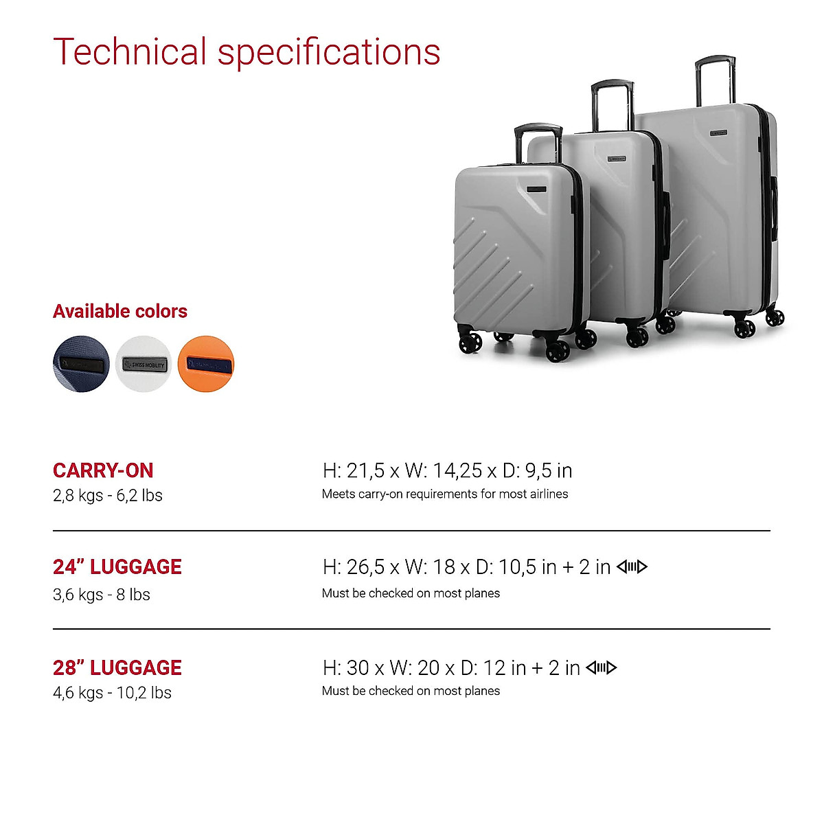 Swiss Mobility LGA Collection 3 Piece Hard Shell Luggage Set, Expandable Suitcases with 360-Degree Spinner Wheels, Retractable Handle, 20 Inch Carry On, 24 Inch Mid-size, 28 Inch Large Bags, Silver