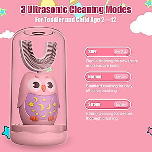 AUITRONCARE Kids Toothbrush Electric, Toddler Electric Toothbrush Ultrasonic Toothbrush 360° Cleaning U Shaped Toothbrush Come with 3 Brushing Heads and Cup for Toddlers & Children (Owl-Pink)