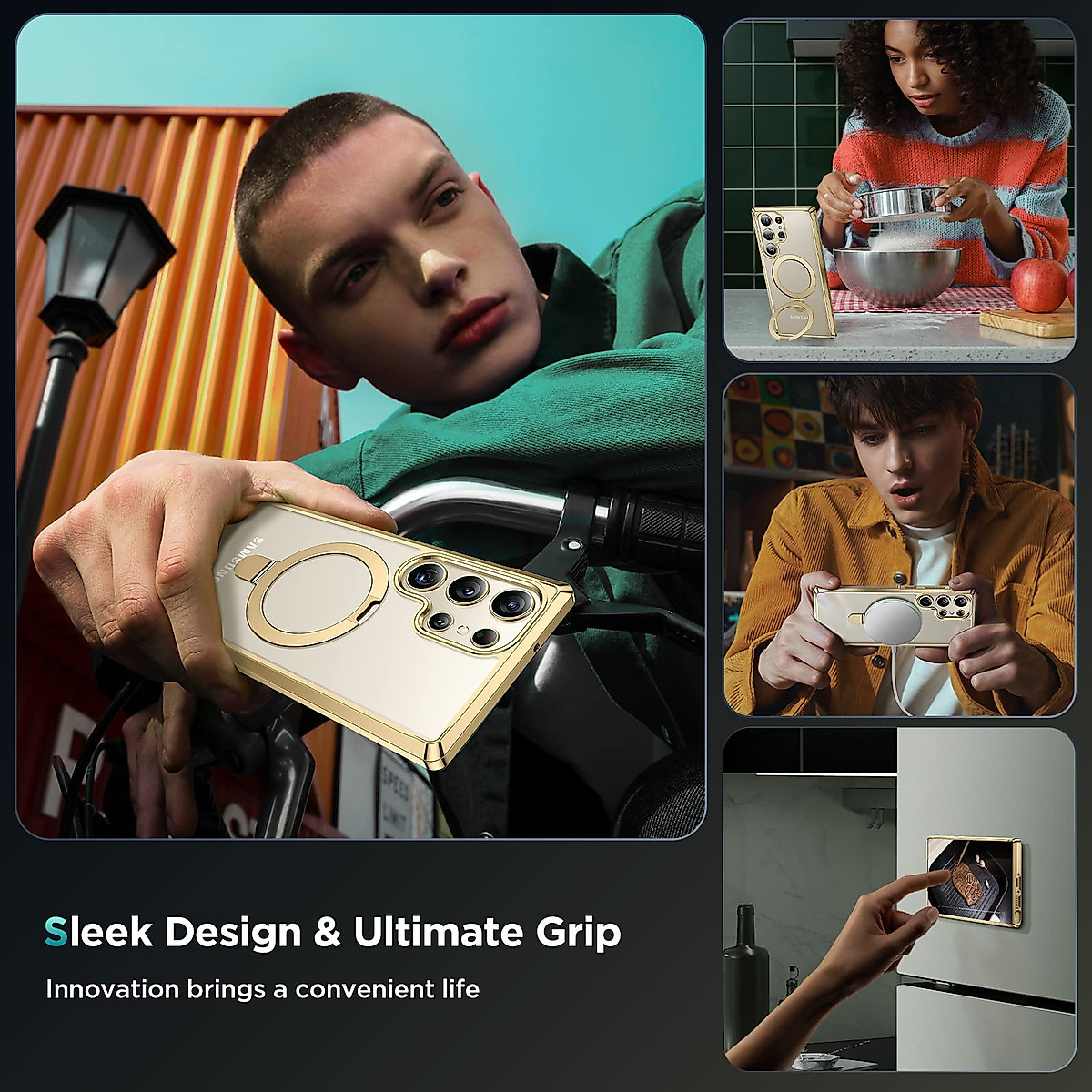 Juntone for Samsung Galaxy S23 Ultra Case with Magnetic Stand,[Compatible with Magsafe][Non-Yellowing], Slim Protective Matte Back and Green Edge Phone Case for Galaxy S23 Ultra Case 6.8 Inch-Gold