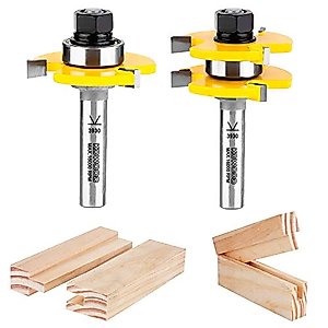 KOWOOD Tongue and Groove Set of 2 Pieces 1/2 Inch Shank Router Bit Set 3 Teeth Adjustable T Shape Wood Milling Cutter
