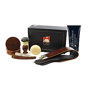G.B.S Complete Professional Wet Shaving Kit + Lavender and Citrus Aftershave Balm Rejuvenates Dry Skin 5/8" Inch Carbon Steel Straight Razor with Wooden Handle, Synthetic Hair Shave Brush, strop, Soap