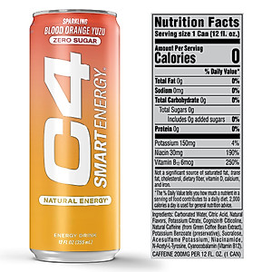 C4 Smart Energy Drink – Boost Focus and Energy with Zero Sugar, Natural Energy, and Nootropics - 200mg Caffeine - Blood Orange Yuzu (12oz Pack of 12)