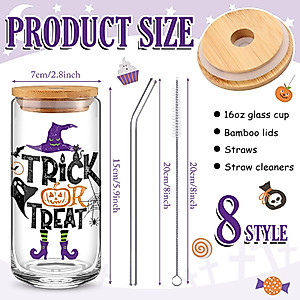 Umigy 8 Pcs 16oz Halloween Glass Tumbler Halloween Iced Coffee Cup with Bamboo Lids and Glass Straw Halloween Party Gift Spooky Pumpkin Bat Mason Glass Cup Cute Ghost Skull Glass Cup