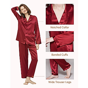 LilySilk Silk Pajamas for Women Button Up Pajamas Set for Ladies Girls Soft Maternity Pajamas Birthday Bridal Party Gift for Christmas Anniversary Valentine's day, Claret L