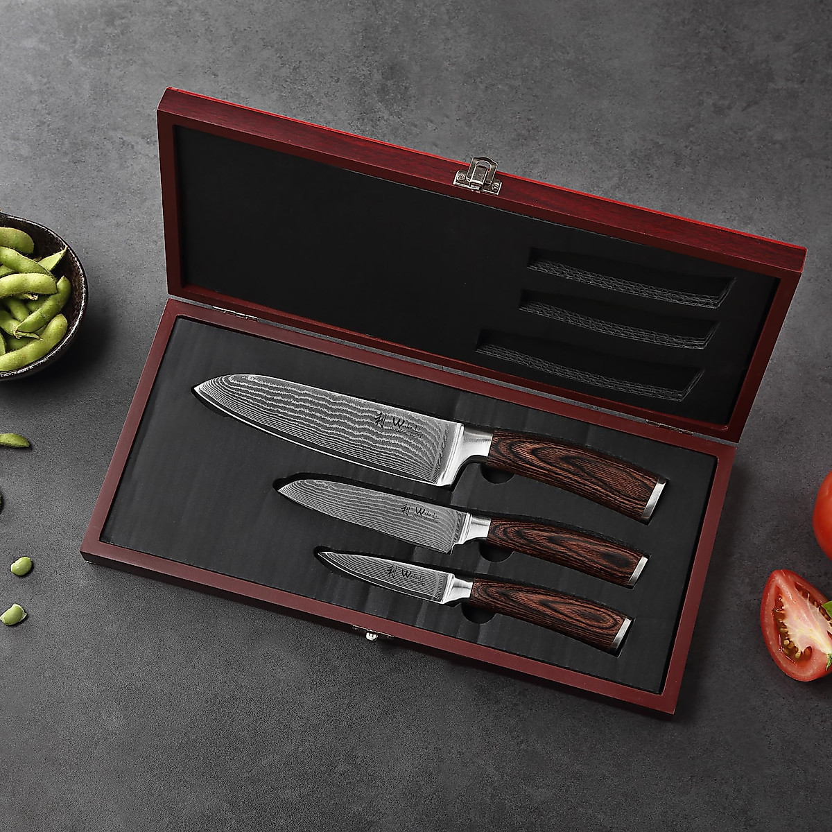 Wakoli Damascus Kitchen Knife Set, 3 Pieces Professional Chef Knife Set made from 67 Layers Damascus Steel with VG10 Core, Knives Set for Kitchen with Pakkawood Handles in Wooden Gift Box (EDIB 3-pcs)