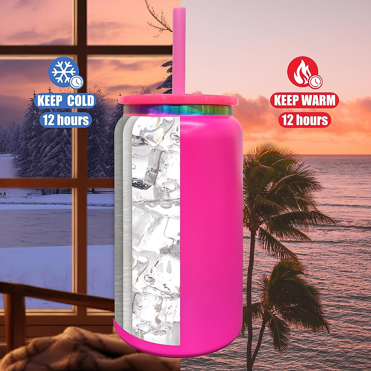 Glass Cups with Lids and Straws, 16 oz Stainless Steel Cups, Insulated Skinny Tumbler, Powder Coated Travel Mugs for Laser Engrave, Iced Coffee Cup for Smoothie Water DIY Gift (Rosy,1 pack)