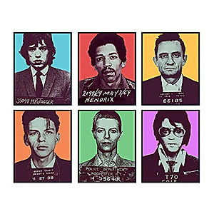David Bowie, Elvis, Johnny Cash, Jimi Hendrix, Frank Sinatra, Mick Jagger Mugshot Poster Set - 8x10 Wall Art Decor, Decorations for Living Room, Bedroom - Gift for Men, Women - UNFRAMED Prints