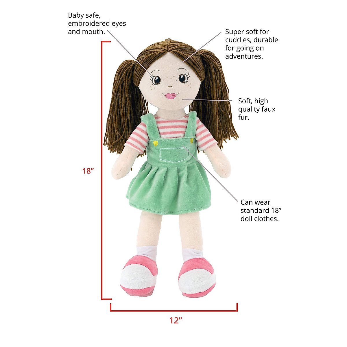 Plushible Soft Baby Doll - 18 Inch Rag Dolls for Girls, Infants & Babies - My First Plush for 1 Year Old - Brown Yarn Hair - Girl Toys - Allie