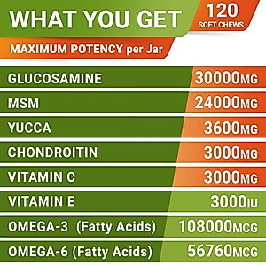 Glucosamine Treats for Dogs - Joint Supplement w/Omega-3 Fish Oil - Chondroitin, MSM - Advanced Mobility Chews - Joint Pain Relief - Hip & Joint Care - Bacon Flavor - 120 Ct - Made in USA