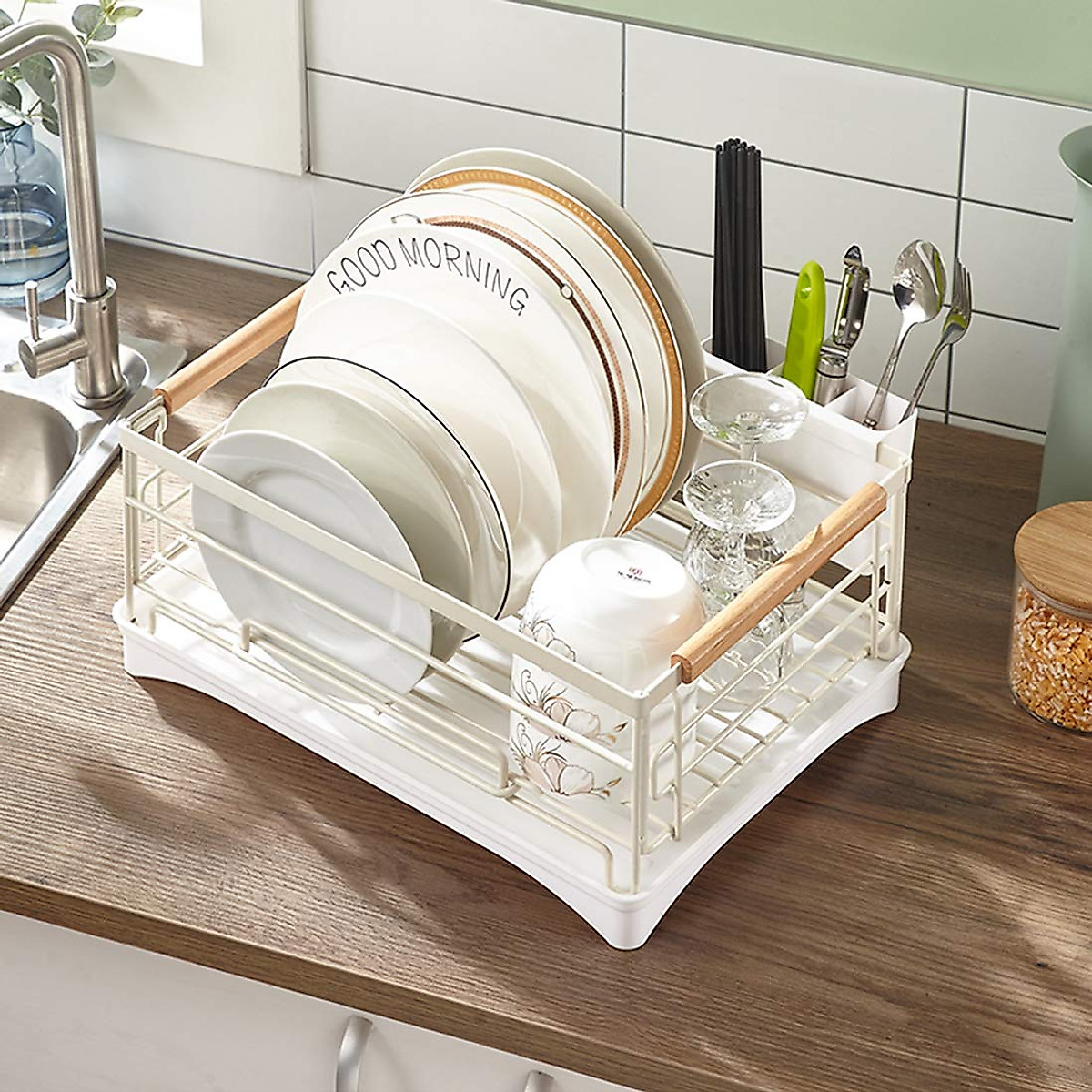 HengLiSam Kitchen Dish Drainer, Dish Rack Dish Drying Rack with Full-Mesh Storage Basket (White)