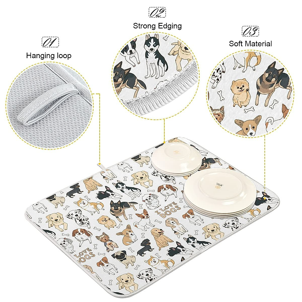 xigua Dog Dish Drying Mat for Kitchen Counter,Texture Ultra Absorbent Reversible Microfiber Dishes Drying Rack Pad Heat-resistant Mats 16x18in