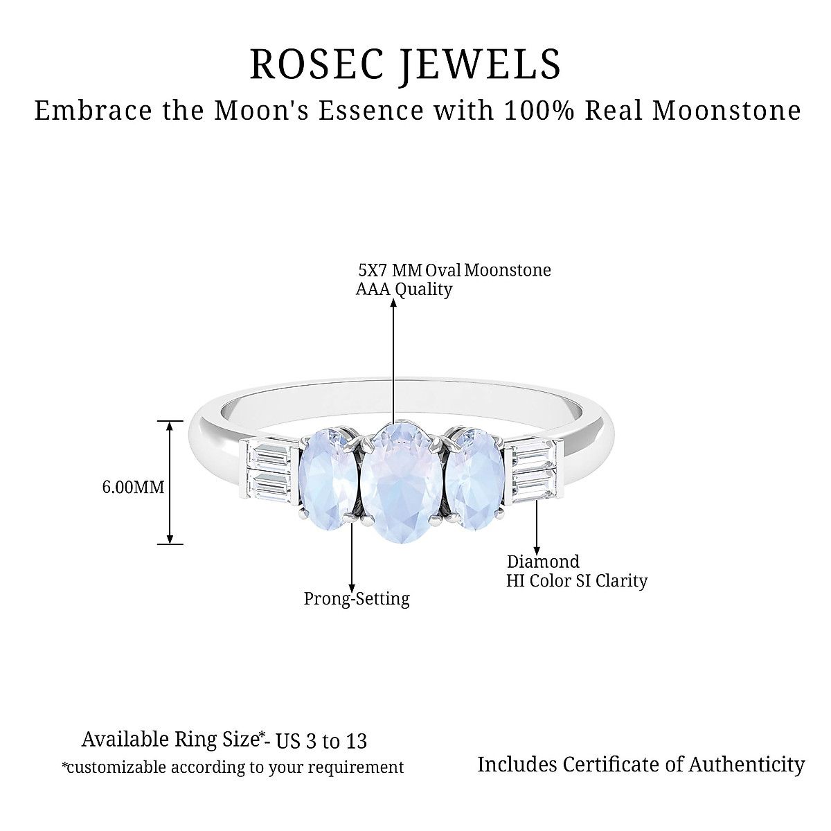 Rosec Jewels Moonstone Oval Cut Three Stone Ring with Diamond, Aaa Quality, 14K White Gold, Size:US 6.00