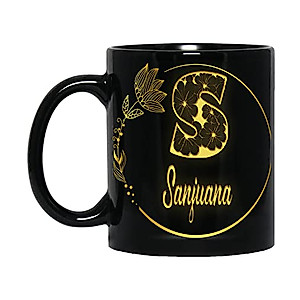 Coffee Mug Personalized Sanjuana Name & Initial Letter Monogram Floral Alphabet Mug Golden Flowers Custom Black Coffee Cup, Gift for Her Mom Coworker Sister, Wife, Girl 11oz Black Mug 021396