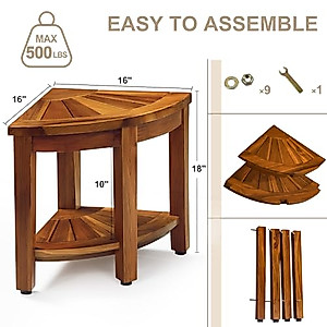 TEAKMAMA Teak Shower Bench 18” Shower Benches for Inside Shower Corner Bench Teak Shower Stool Seat Bathroom Bench with Storage Shelf, Assembly Required