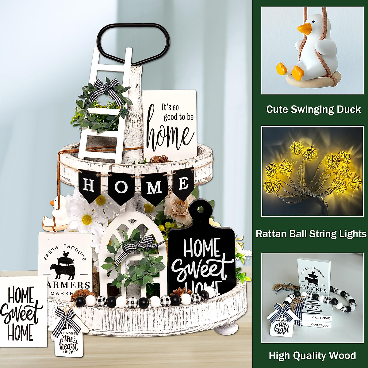 14pcs Farmhouse Tiered Tray Decor Set, 3D Rustic Farmhouse Home Kitchen Decor Home Sweet Home Wood Sign, Tiered Tray Decorations Set for Home Table Shelf decor