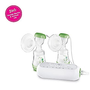 MAM 2-in-1 Double Electric Breast Pump & Manual Breast Pump, Portable Breast Pump with 2 Easy Start Anti-Colic Bottles & Breastfeeding Supplies