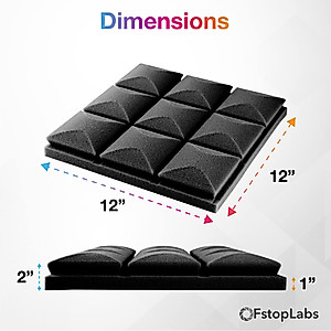 Fstop Labs Acoustic Foam Panels, 48 Pack Black 2" X 12" X 12" Mushroom Studio Wedge Tiles, Sound Panels Sound Proof Foam Panels Sound Proofing Padding For Wall