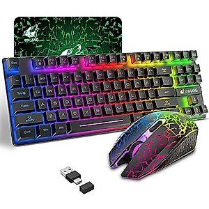 Wireless Gaming Keyboard and Mouse Combo with 87 Key Rainbow LED Backlight Rechargeable 3800mAh Battery Mechanical Feel Anti-ghosting Ergonomic Waterproof RGB Mute Mice for Computer PC Gamer (Black)