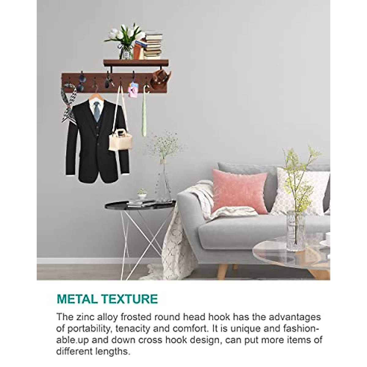 HSEOFBUTY Multi-Functional Wall Mounted Coat Rack Shelf with 8 Metal Hooks, Heavy Duty Storage Shelf for Space Saving and Organizing, Perfect for Coats, Hats, Scarves, and More