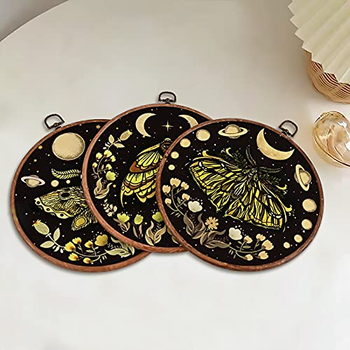 3 Pcs Moon Prints Wall Art, Moth Canvas Prints Flower Vines Painting Artwork Floral Butterfly Prints Decor Wall Hanging for Bedroom, Hall, Living Room (Rubber Frame, 9.8 inches)