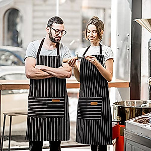 BeLuyi 2 Pack Adjustable Bib Apron with 2 Pockets Chef Cooking Kitchen Restaurant Aprons for Women Men (Black/Black Stripes)