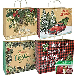 12 Extra large Christmas Gift Paper Bags Bulk with handles and 60 Count Christmas Gift Tags-6 Designs Jumbo oversized sacks set for Wrapping Gaint Xmas Holiday Presents