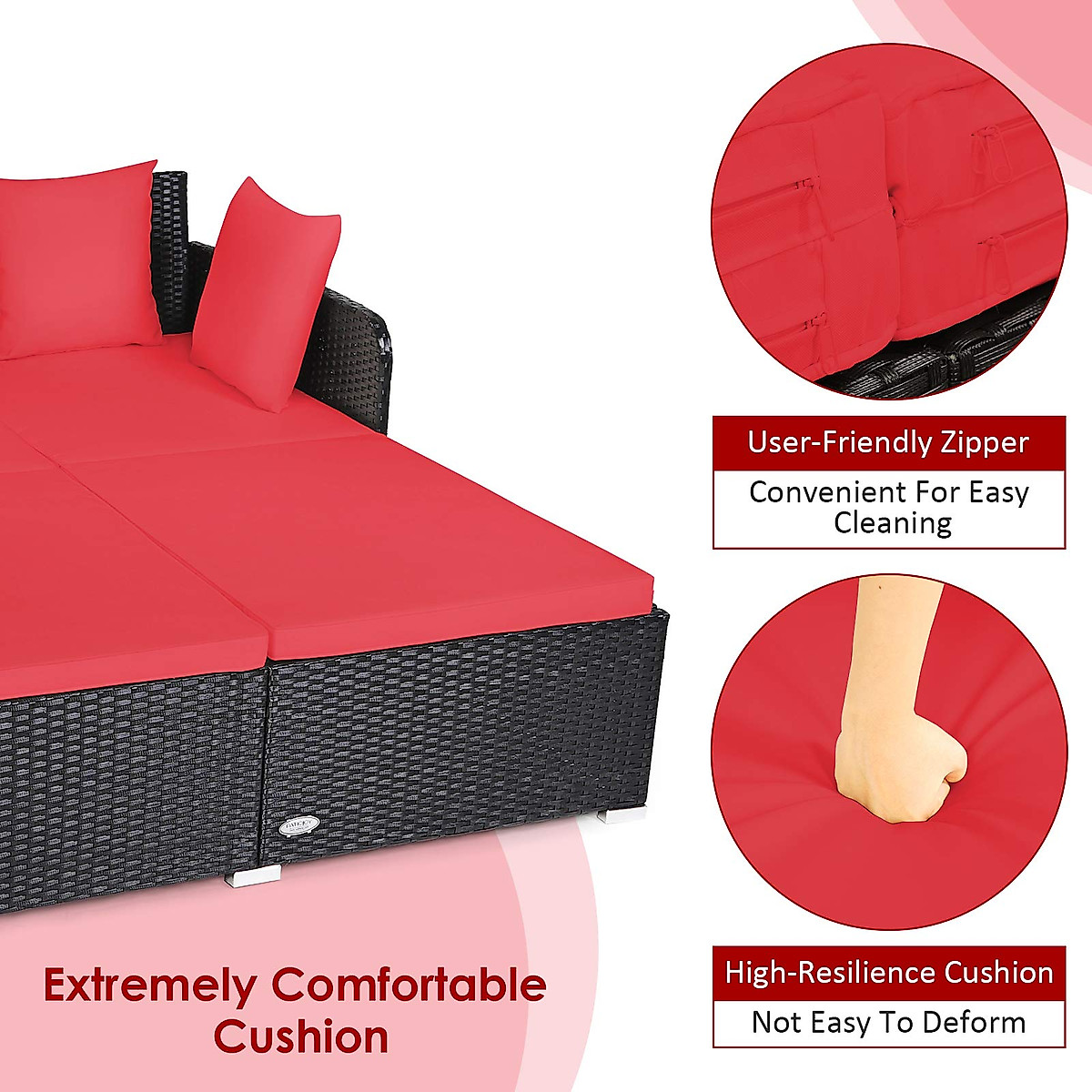 Tangkula Outdoor Rattan Daybed, Sunbed Wicker Furniture w/Spacious Seat, Upholstered Cushion & High-Resilience Sponge, Wicker Patio Sofa Set w/Extra Pillows for Courtyard Poolside(Red)