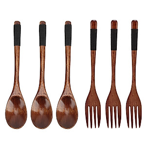 Wooden Silverware, 3 Sets Japanese Spoon and Fork Small Wooden Spoon Kitchen Utensils with Winding Handle