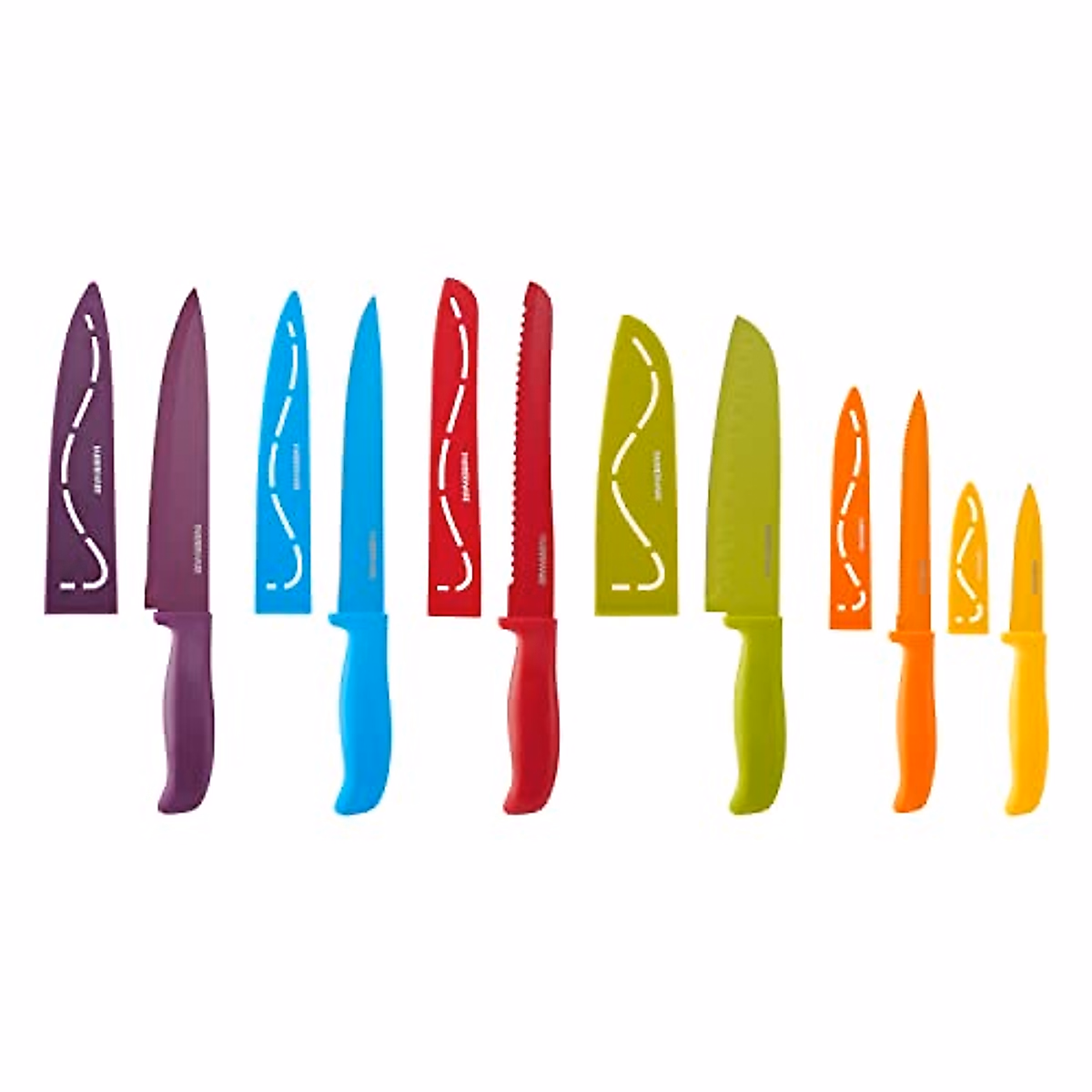 Farberware 12-Piece Non-Stick Resin, Dishwasher-Safe Kitchen Knife Set with Custom-Fit Blade Covers, Razor-Sharp, Multicolor