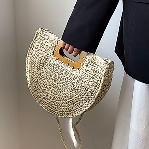 QTKJ Summer Beach bag, Hand Made Straw Beach Bag Semicircle Shape Tote Bag, Zip Opening Large Capacity Designer Handbags for Women Shoulder Messenger Bag(Beige)